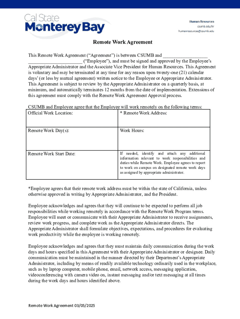 Fillable Online Remote Work Agreement Fax Email Print - pdfFiller
