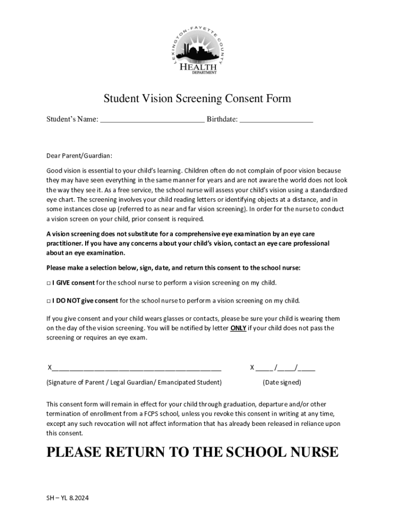 Fillable Online Student Vision Screening Consent Form Fax Email Print ...