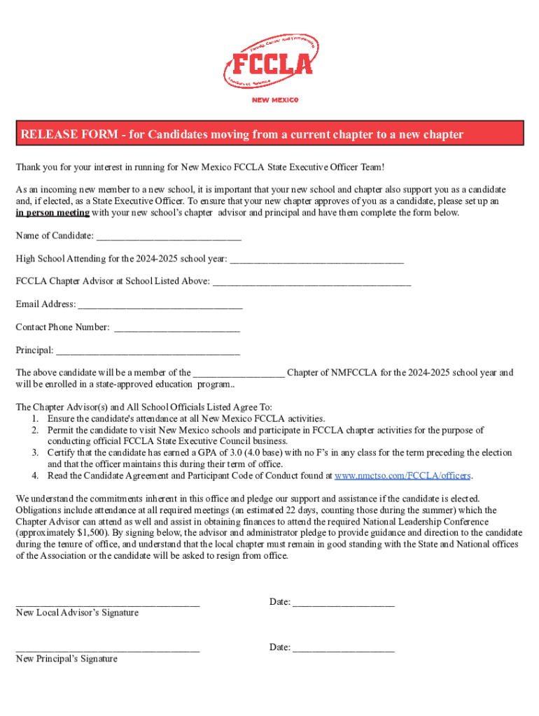 Fillable Online Release Form for Candidates Moving to a New Chapter Fax ...