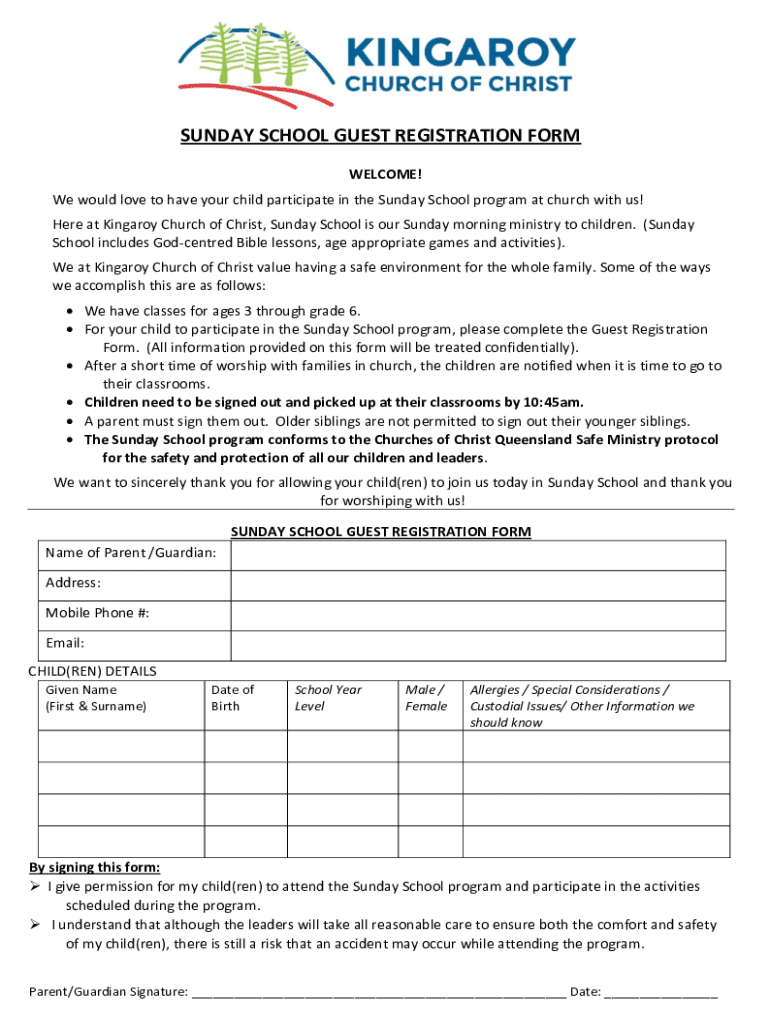 Fillable Online Sunday School Guest Registration Form Fax Email Print ...