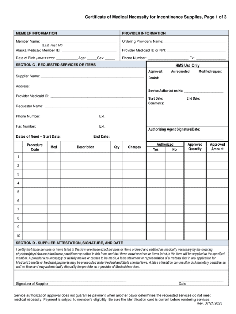 Fillable Online Certificate of Medical Necessity for Incontinence Supplies Fax Email Print ...