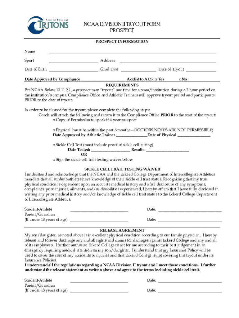 Fillable Online Ncaa Division Ii Tryout Form Fax Email Print - pdfFiller