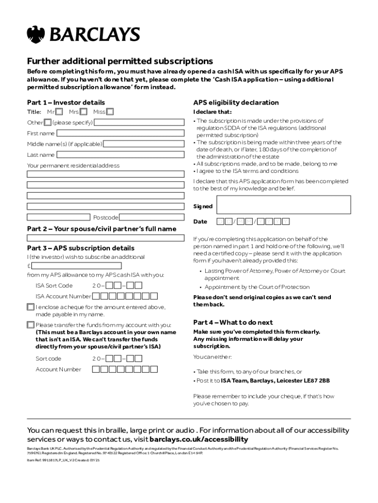 Fillable Online Further Additional Permitted Subscriptions Form Fax ...