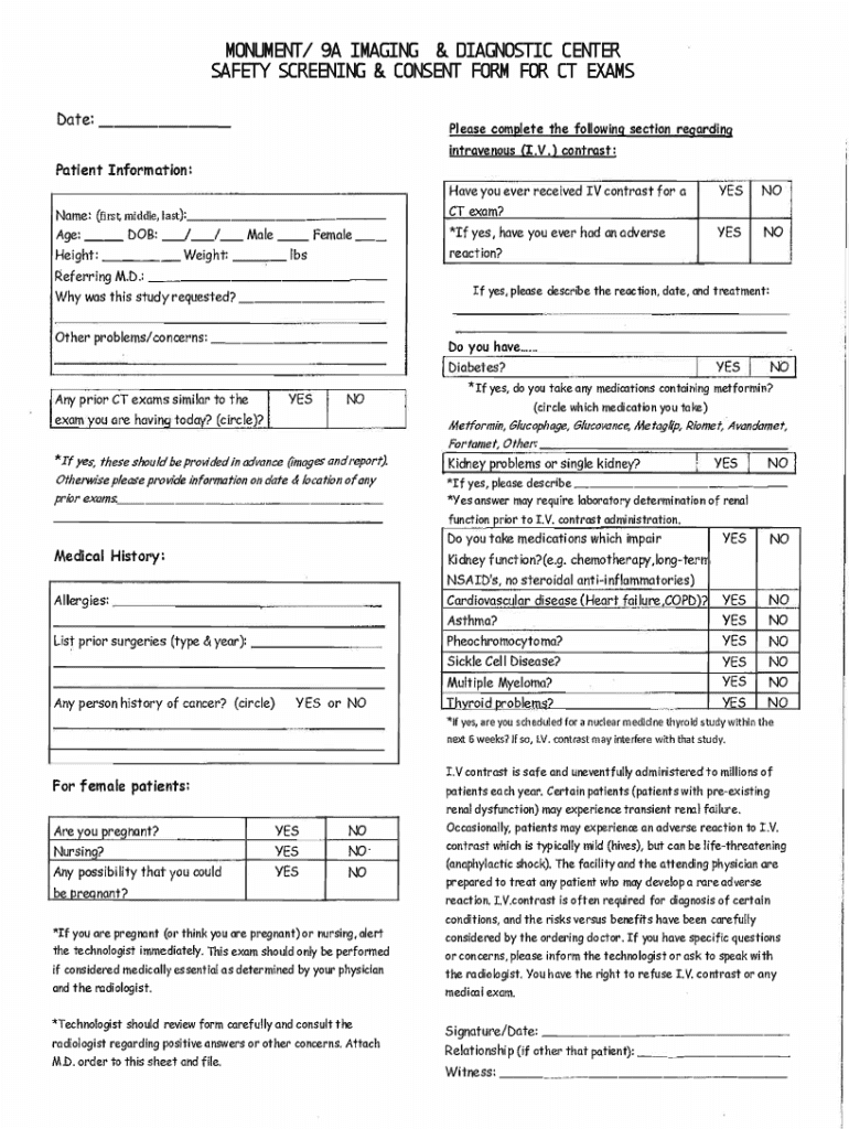 Fillable Online Safety Screening & Consent Form for Ct Exams Fax Email ...
