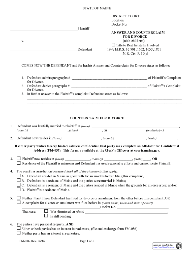 Fillable Online Answer and Counterclaim for Divorce (with Children) Fax ...