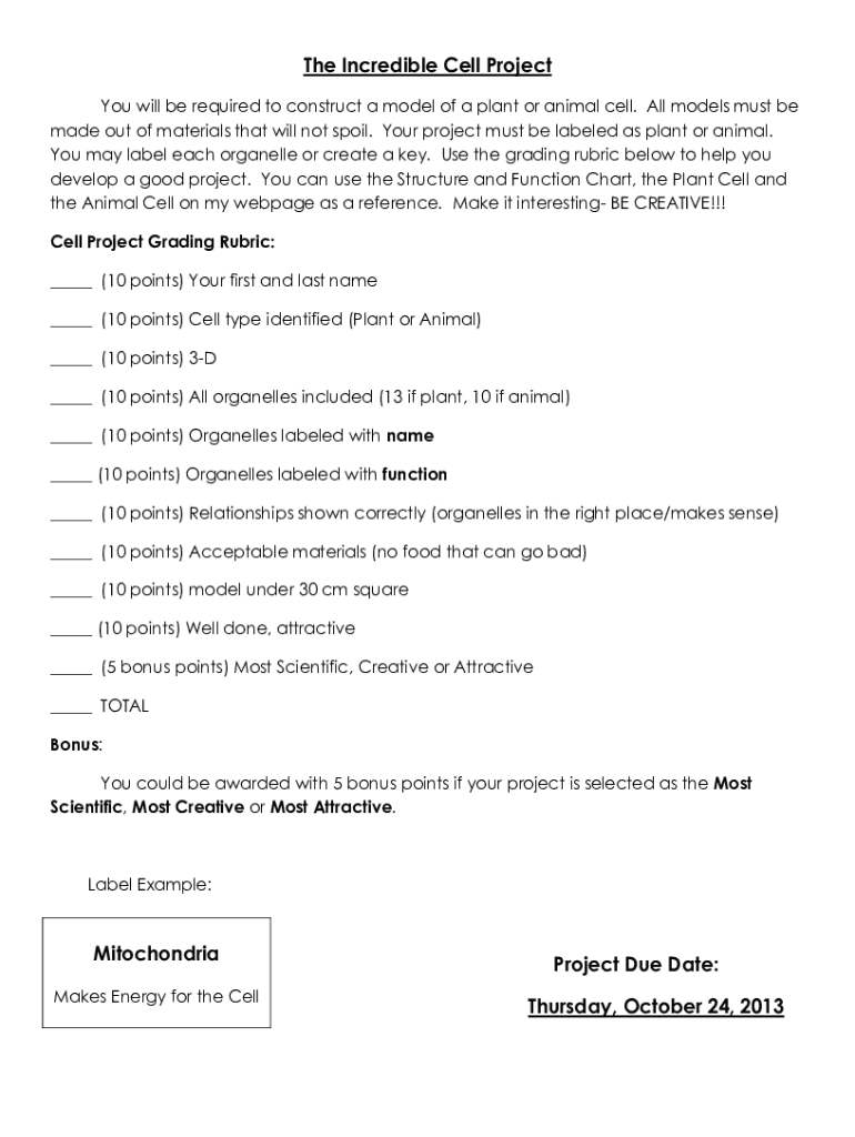 Fillable Online Cell Model Project Instructions Fax Email Print - pdfFiller