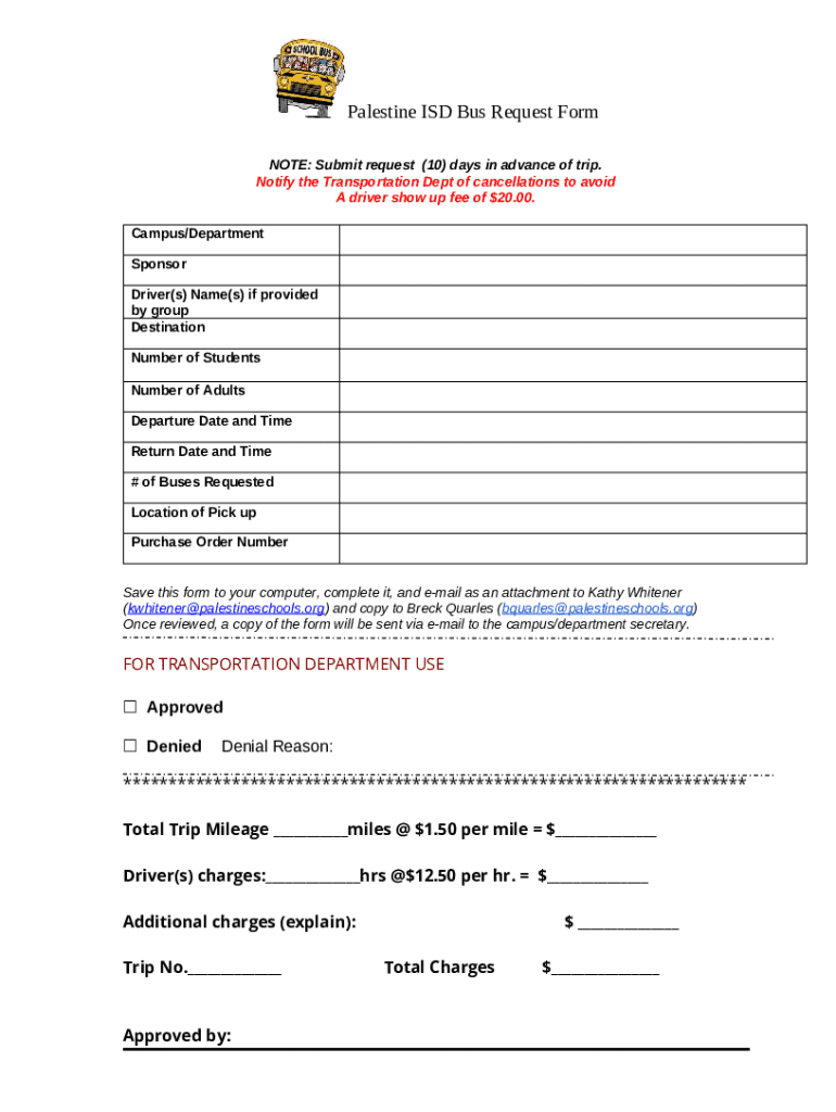 Palestine Isd Bus Request Doc Template | pdfFiller