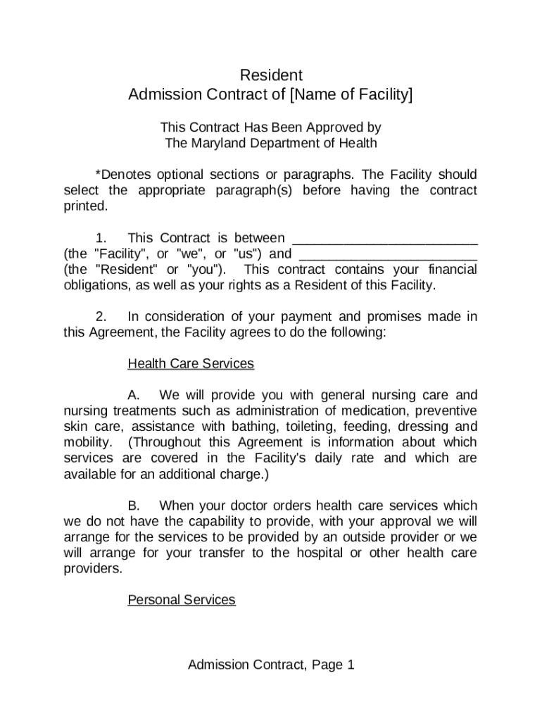 Resident Admission Contract of [name of Facility] Doc Template | pdfFiller