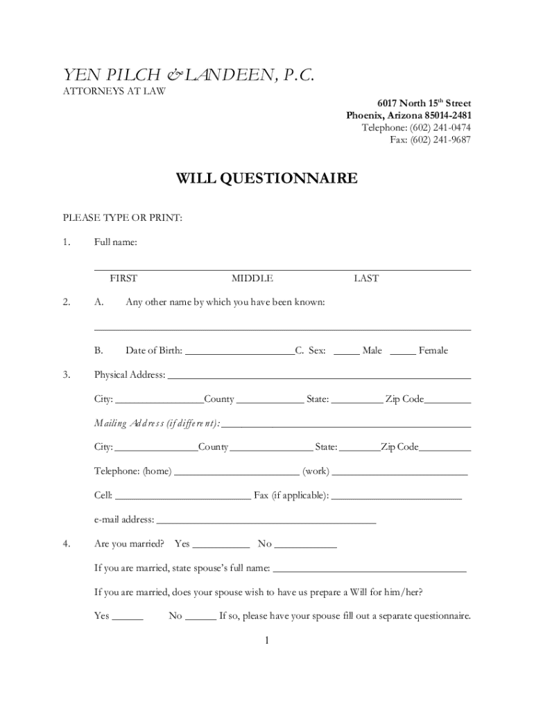 Fillable Online Will Questionnaire Fax Email Print - pdfFiller