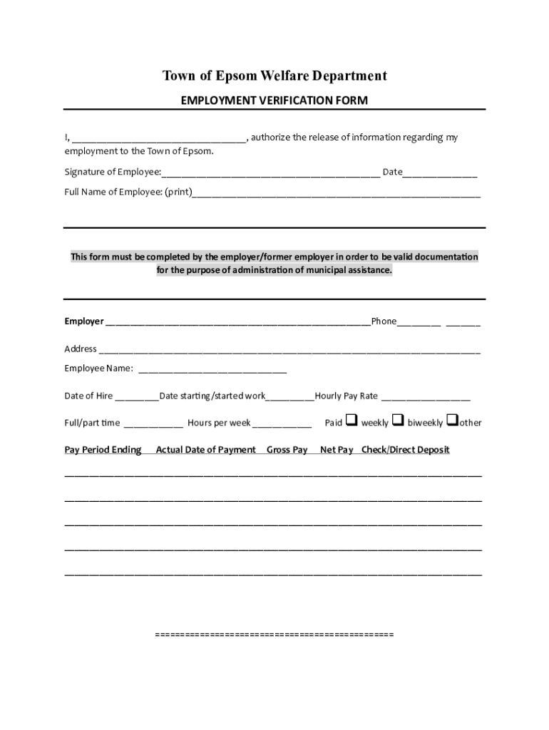 Fillable Online Town of Epsom Welfare Department Employment Verification Fax Email Print - pdfFiller