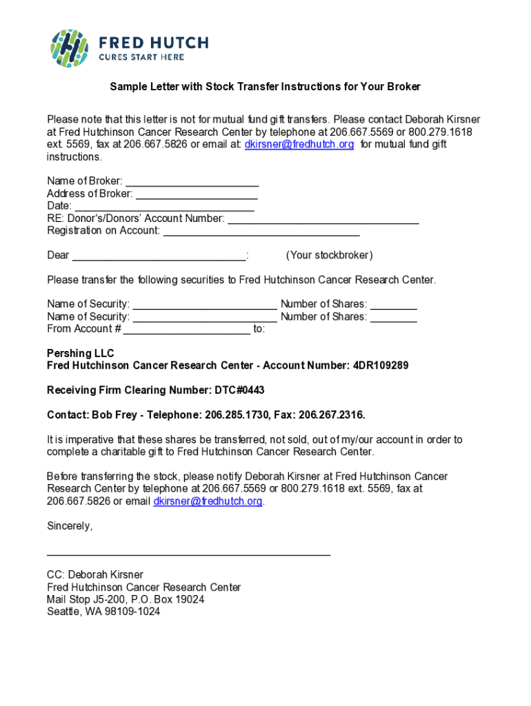 Fillable Online Sample Letter With Stock Transfer Instructions for Your ...