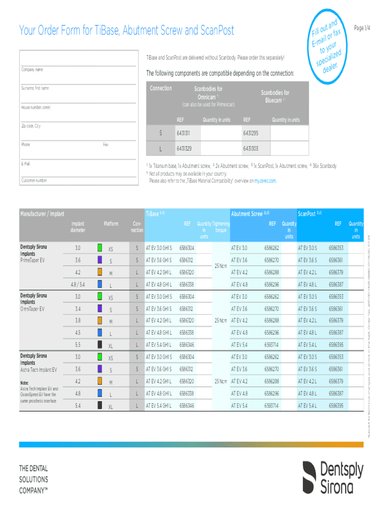 Fillable Online Your Order Form for Tibase, Abutment Screw and Scanpost ...