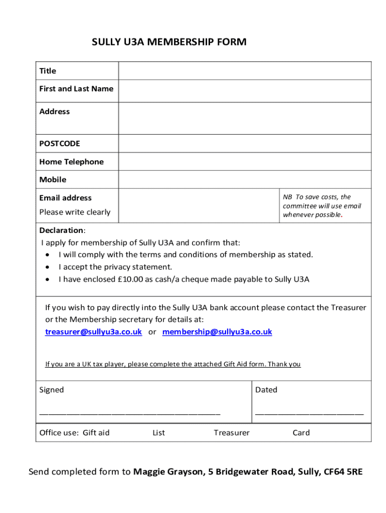 Fillable Online Sully U3a Membership Application Fax Email Print ...