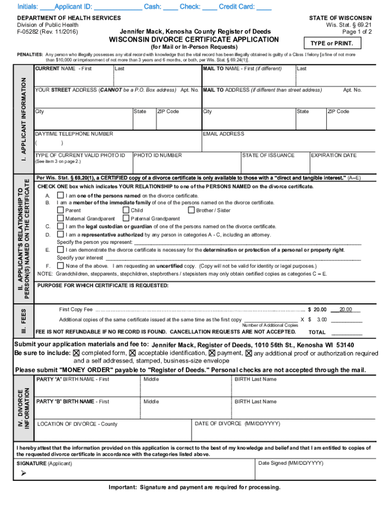 Fillable Online Wisconsin Divorce Certificate Application Fax Email ...