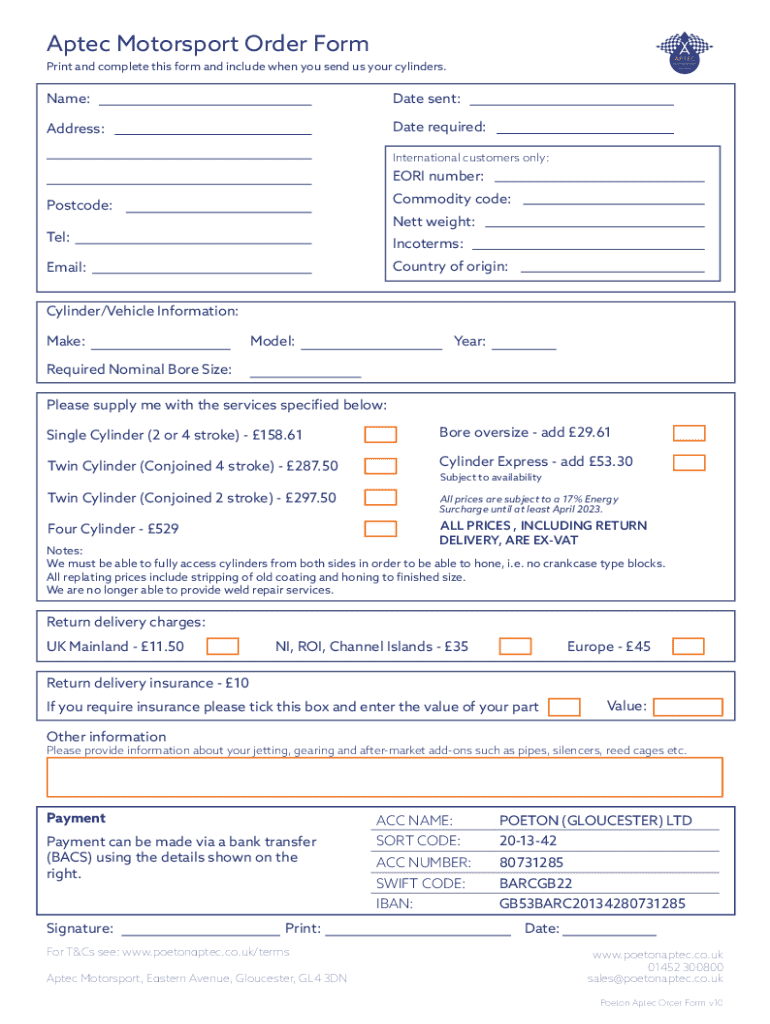 Fillable Online Aptec Motorsport Order Form Fax Email Print - pdfFiller