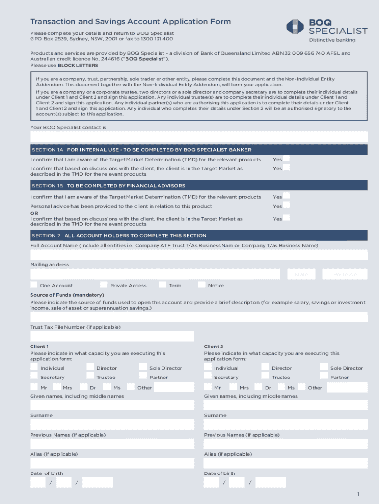 Fillable Online Transaction and Savings Accounts Application Form Fax ...