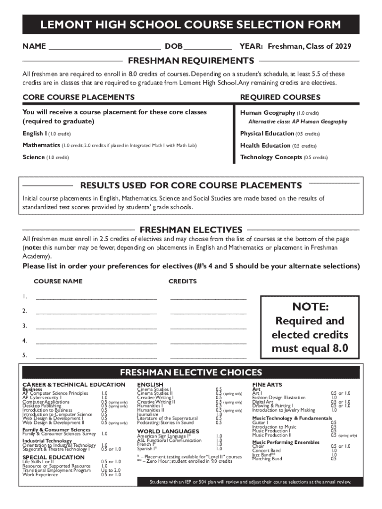 Fillable Online Course Selection Form for Freshman Class of 2029 Fax ...