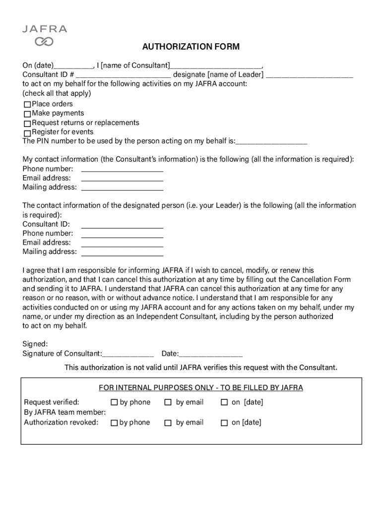 Fillable Online Authorization Form for Jafra Account Management Fax Email Print - pdfFiller