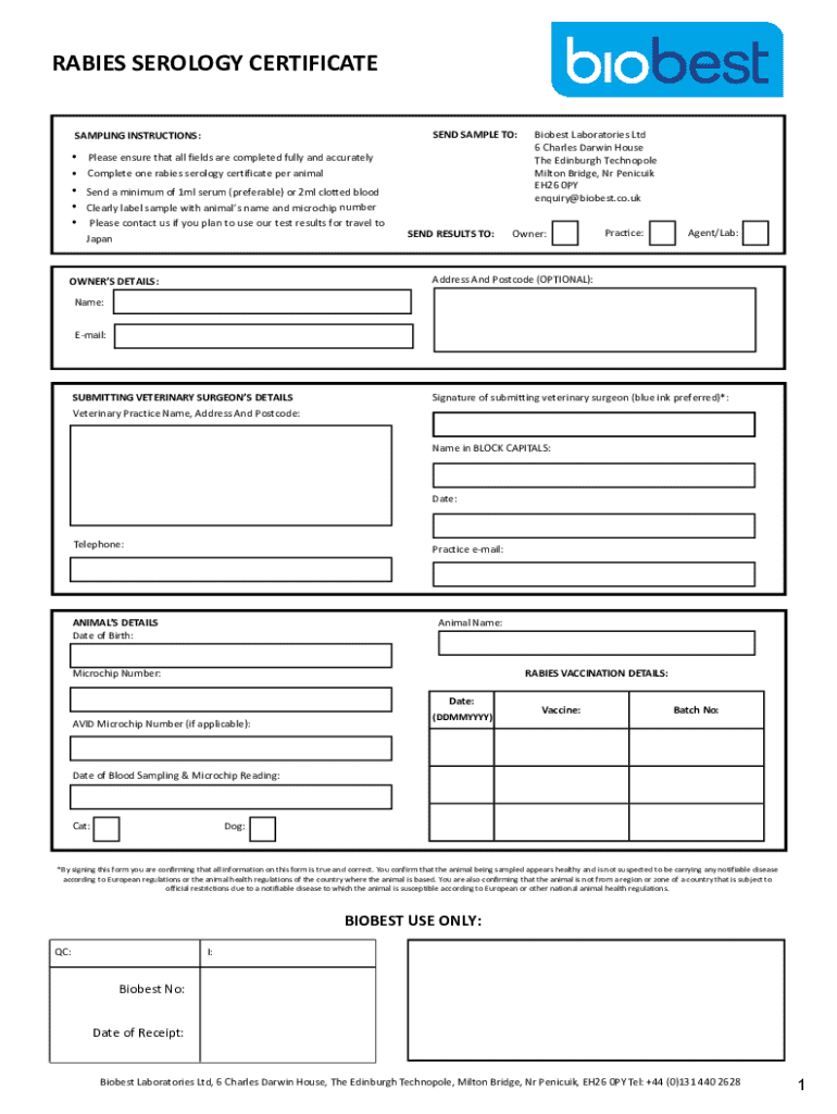 Fillable Online Rabies Serology Certificate Fax Email Print - pdfFiller