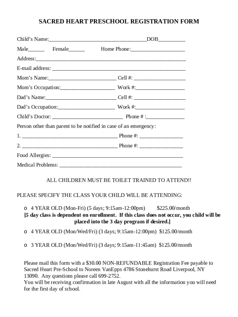 Sacred Heart Preschool Registration Doc Template | pdfFiller