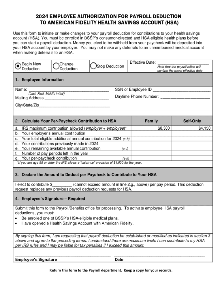 Fillable Online Employee Authorization for Payroll Deduction to Hsa Fax ...