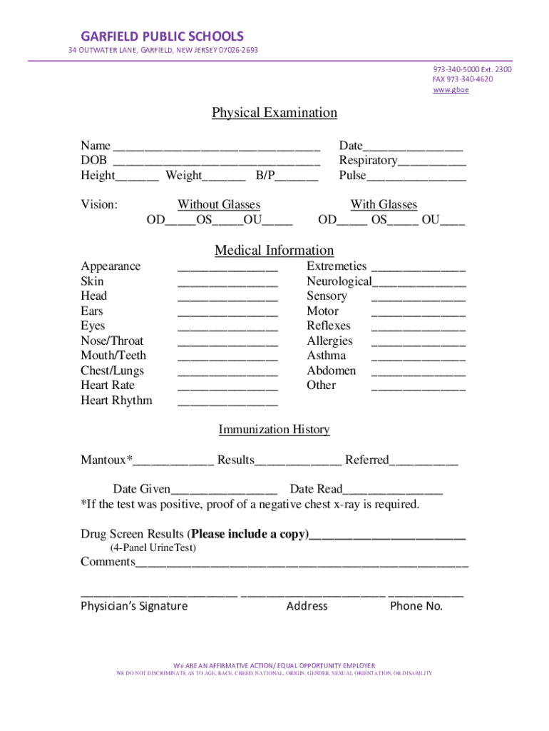 Fillable Online Garfield Public Schools Physical Examination Fax Email Print - pdfFiller