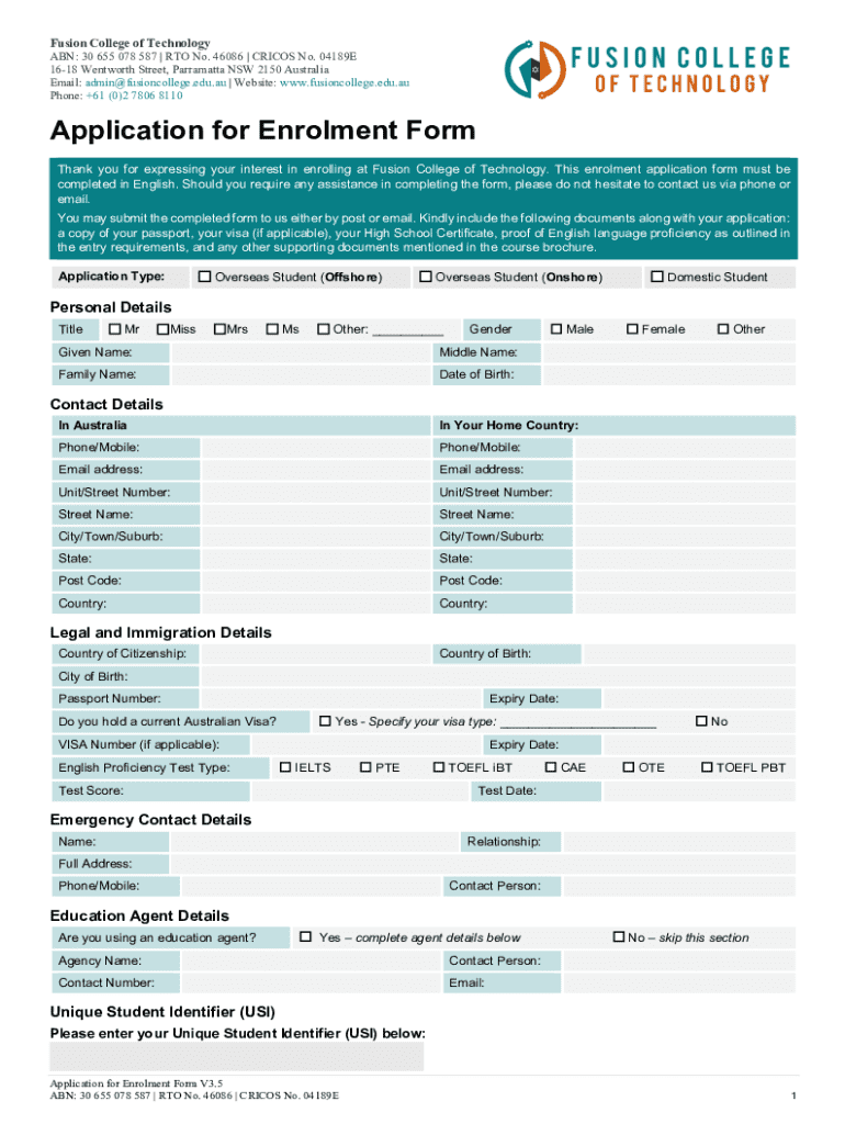 Fillable Online Application for Enrolment at Fusion College of ...