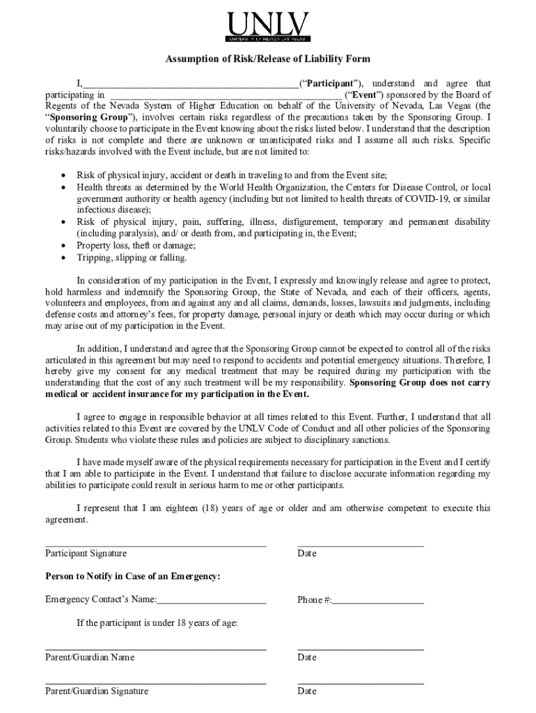 Fillable Online Assumption of Risk/release of Liability Fax Email Print - pdfFiller