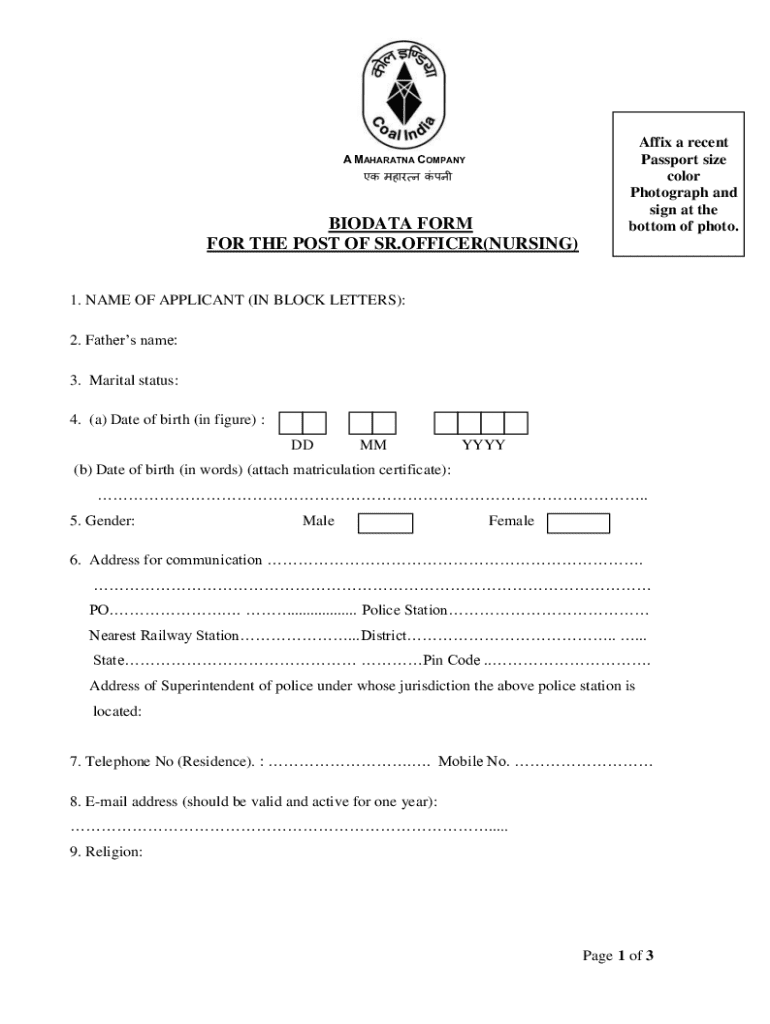 Fillable Online Biodata Form for the Post of Sr. Officer (nursing) Fax Email Print - pdfFiller
