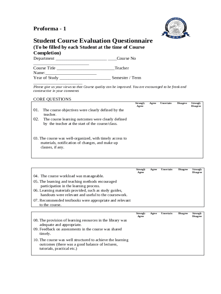 Student Course Evaluation Questionnaire Doc Template | pdfFiller