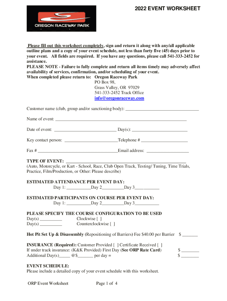 Fillable Online 2022 Event Worksheet Fax Email Print - pdfFiller