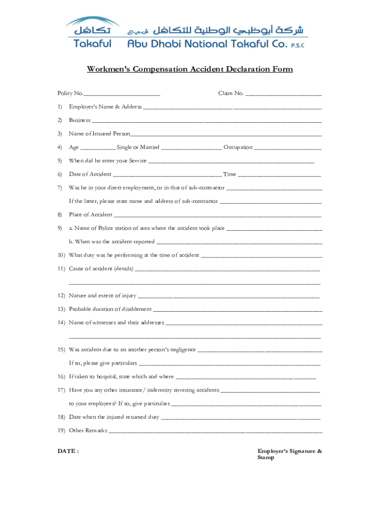 Fillable Online Workmen’s Compensation Accident Declaration Form Fax ...