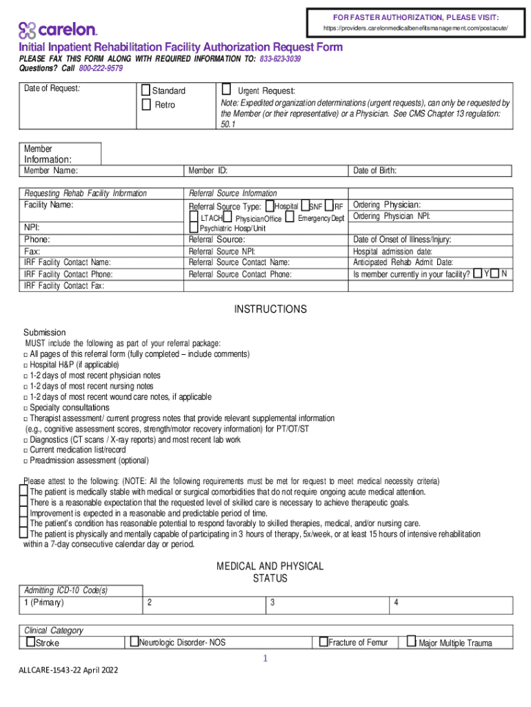 Fillable Online Initial Inpatient Rehabilitation Facility Authorization ...