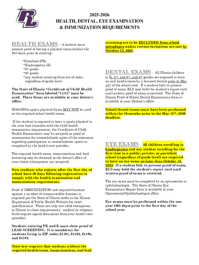 Fillable Online 2025-2026 Health, Dental, Eye Examination & Immunization Requirements Fax Email ...