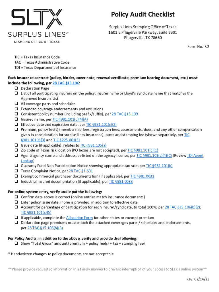 Fillable Online Policy Audit Checklist Fax Email Print - pdfFiller
