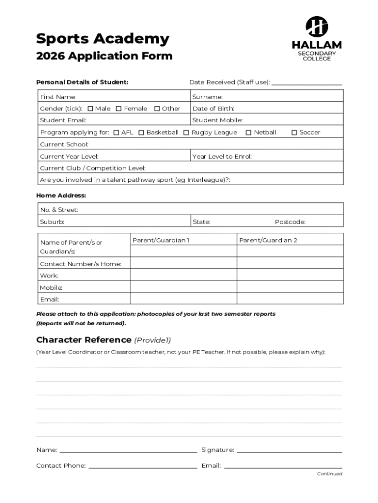 Fillable Online Sports Academy Application Form 2026 Fax Email Print ...