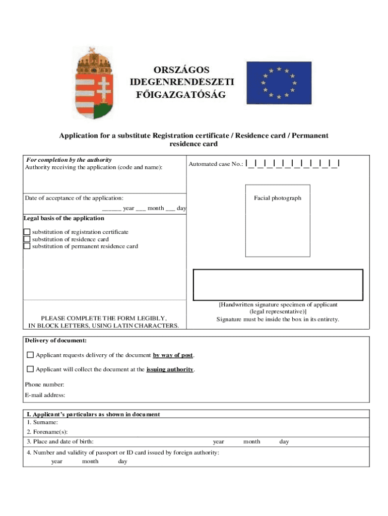 Fillable Online Application for a Substitute Registration Certificate / Residence Card ...