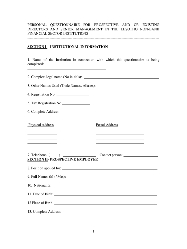 Fillable Online Personal Questionnaire for Directors and Senior ...