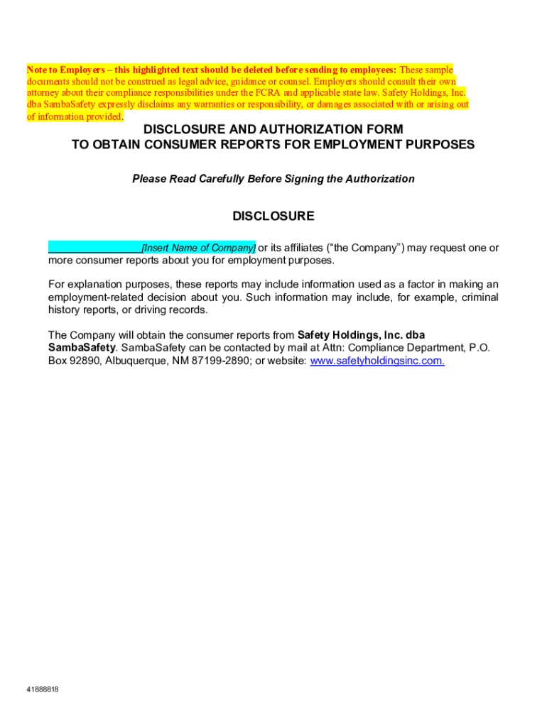Fillable Online Disclosure and Authorization Form to Obtain Consumer Reports for Employment ...