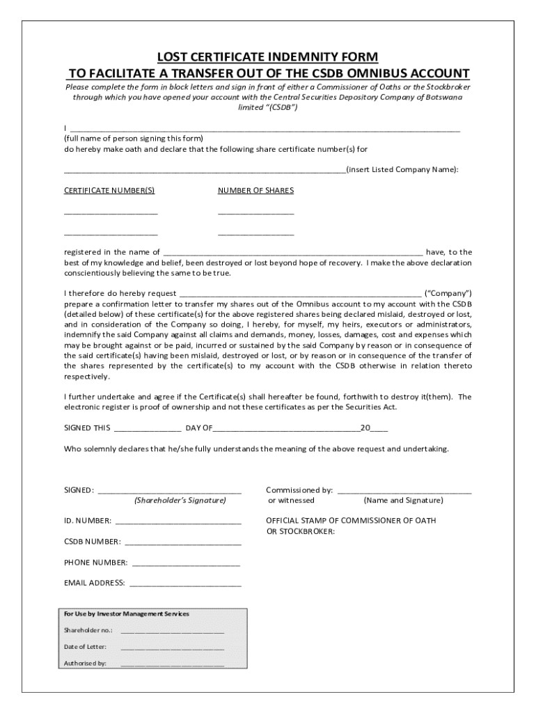 Fillable Online Lost Certificate Indemnity Form Fax Email Print - pdfFiller