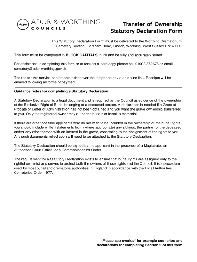 Fillable Online Transfer of Ownership Statutory Declaration Fax Email ...