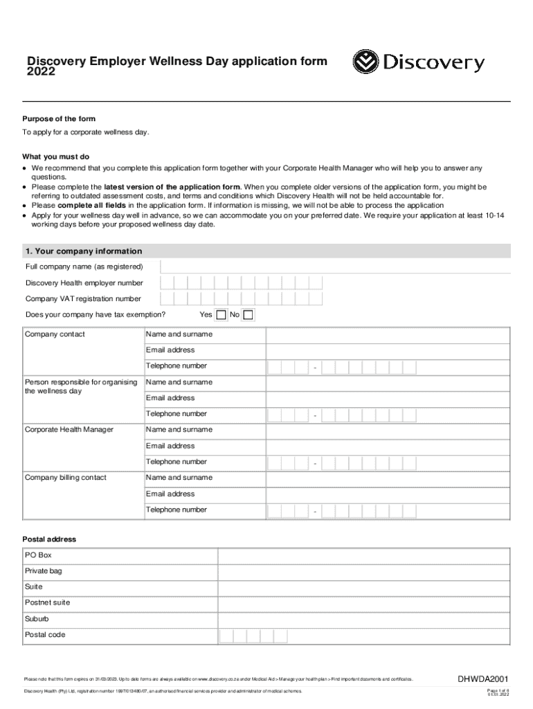 Fillable Online Discovery Employer Wellness Day Application Form 2022 Fax Email Print - pdfFiller