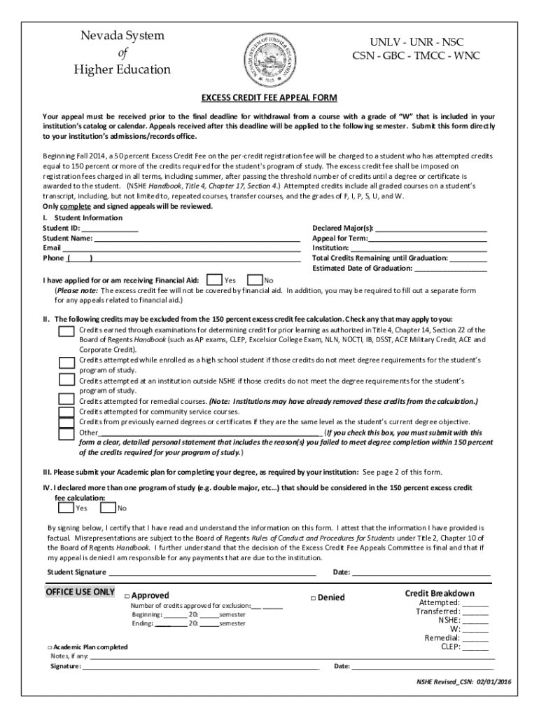 Fillable Online Excess Credit Fee Appeal Form Fax Email Print - pdfFiller