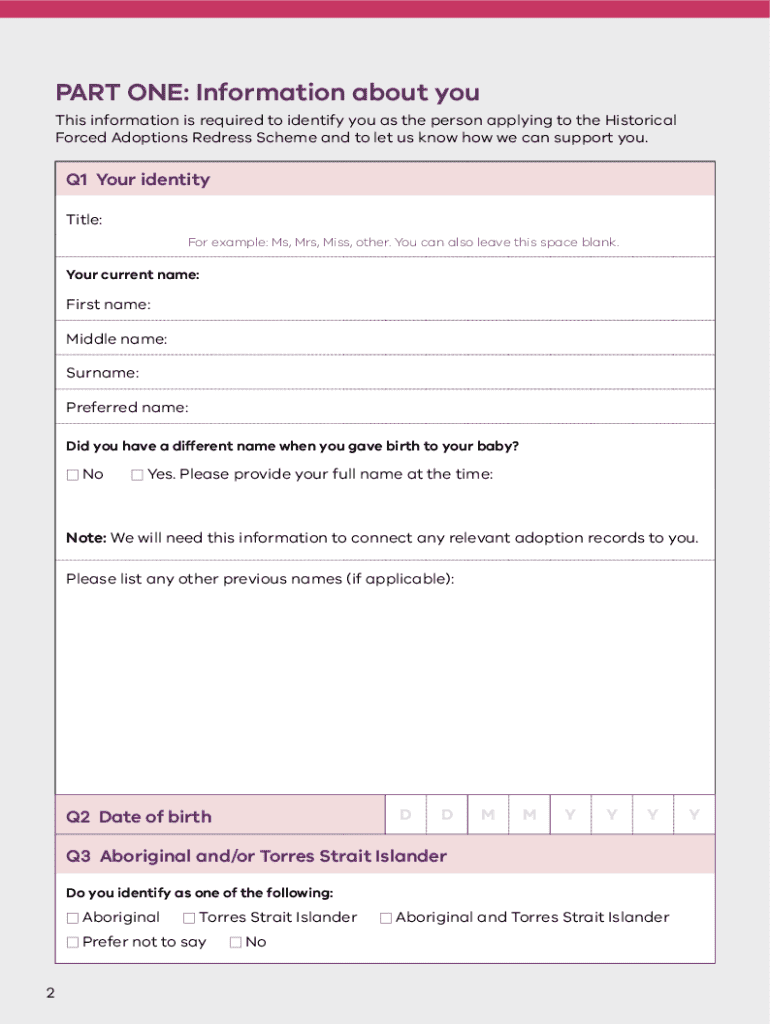 Fillable Online Historical Forced Adoptions Redress Scheme Application ...