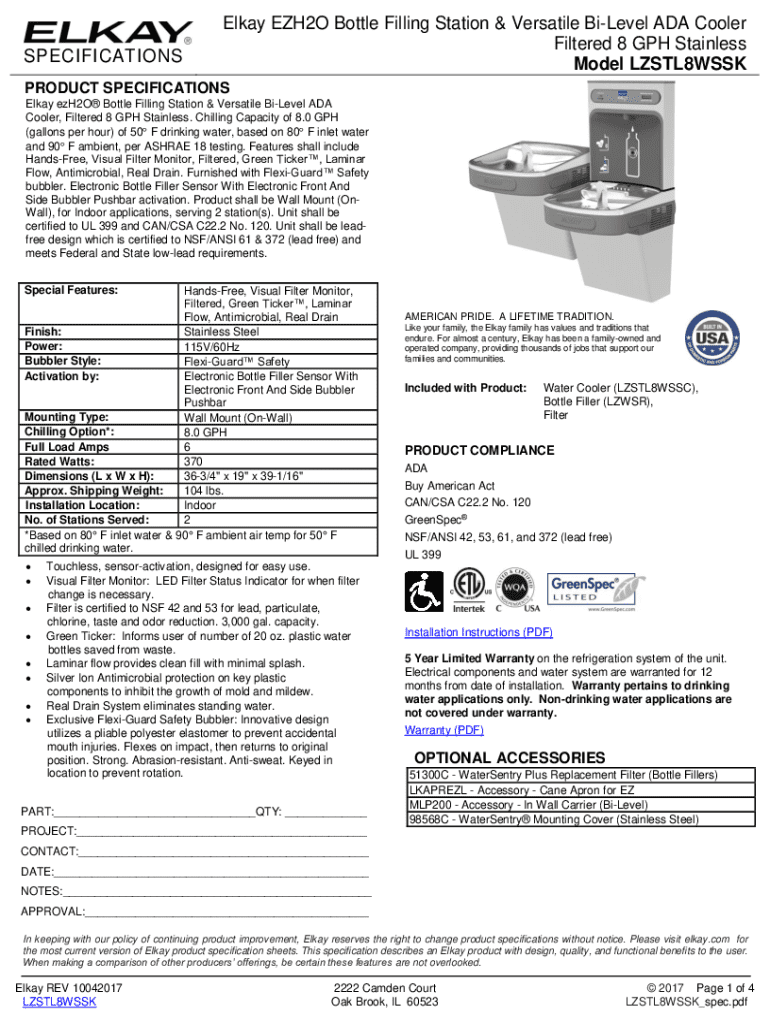 Fillable Online Elkay Ezh2o Bottle Filling Station & Versatile Bi-level Ada Cooler Fax Email ...