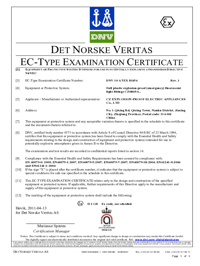 Fillable Online Det Norske Veritas Ec-type Examination Certificate Fax ...