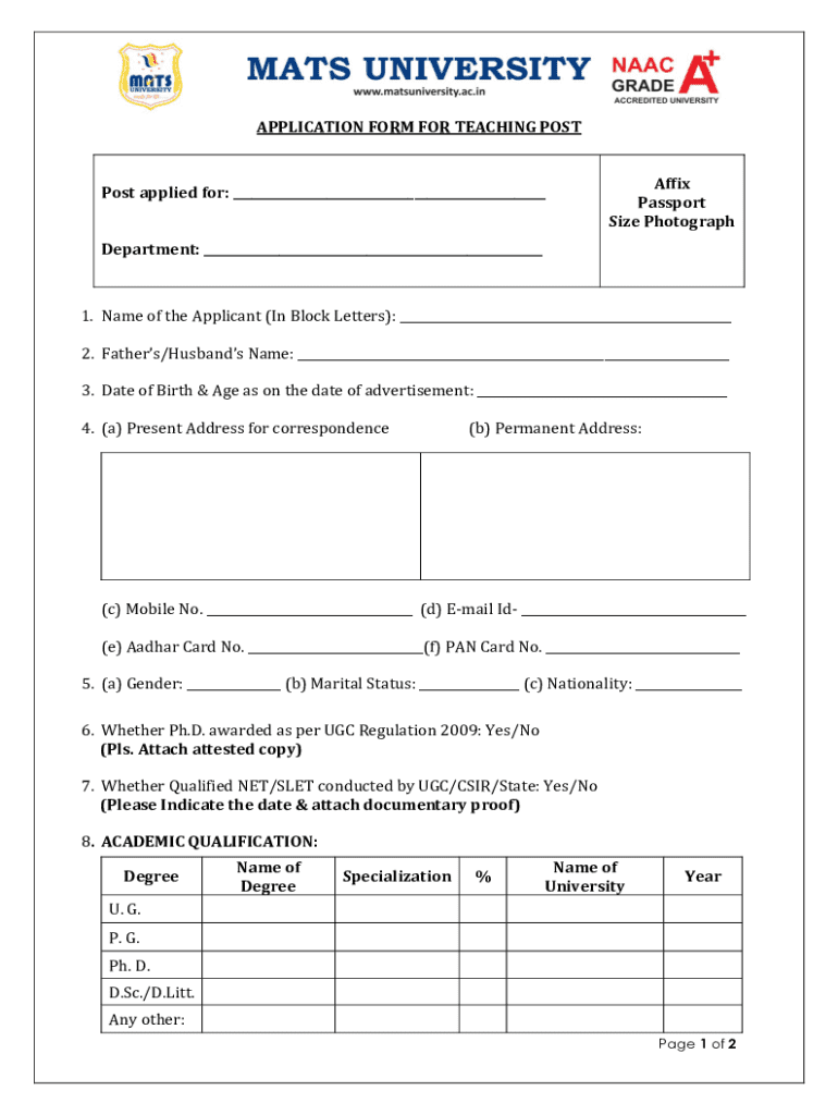 Fillable Online Application Form for Teaching Position Fax Email Print ...