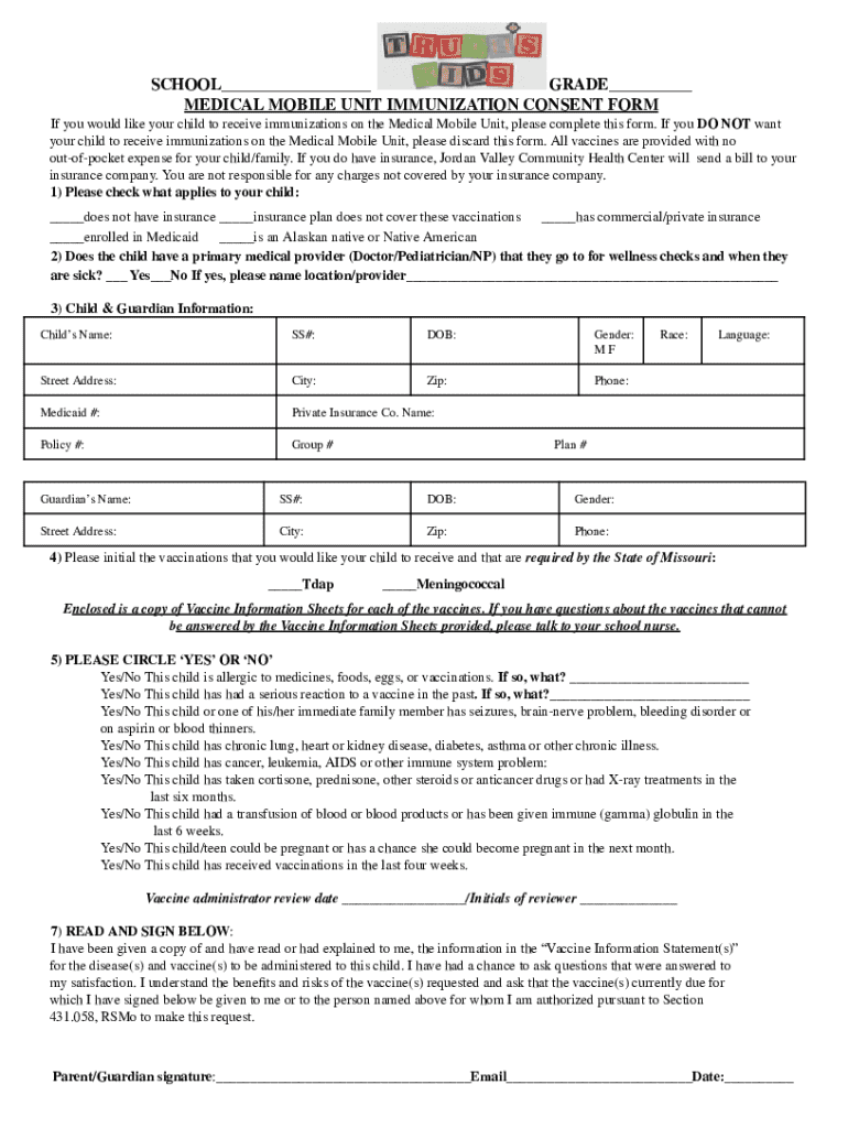 Fillable Online Medical Mobile Unit Immunization Consent Form Fax Email ...