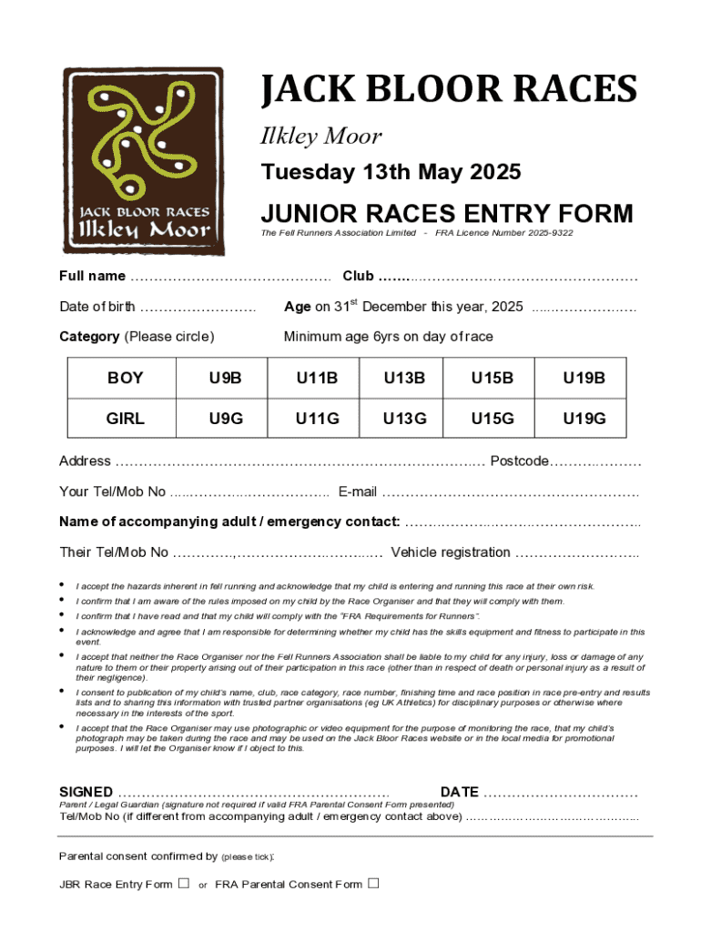 Fillable Online Jack Bloor Races Junior Entry Fax Email Print - pdfFiller
