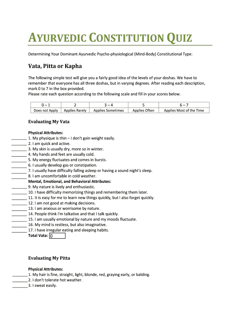 AYURVEDIC CONSTITUTION QUIZ - TouchStone Health - touchstonehealth ...